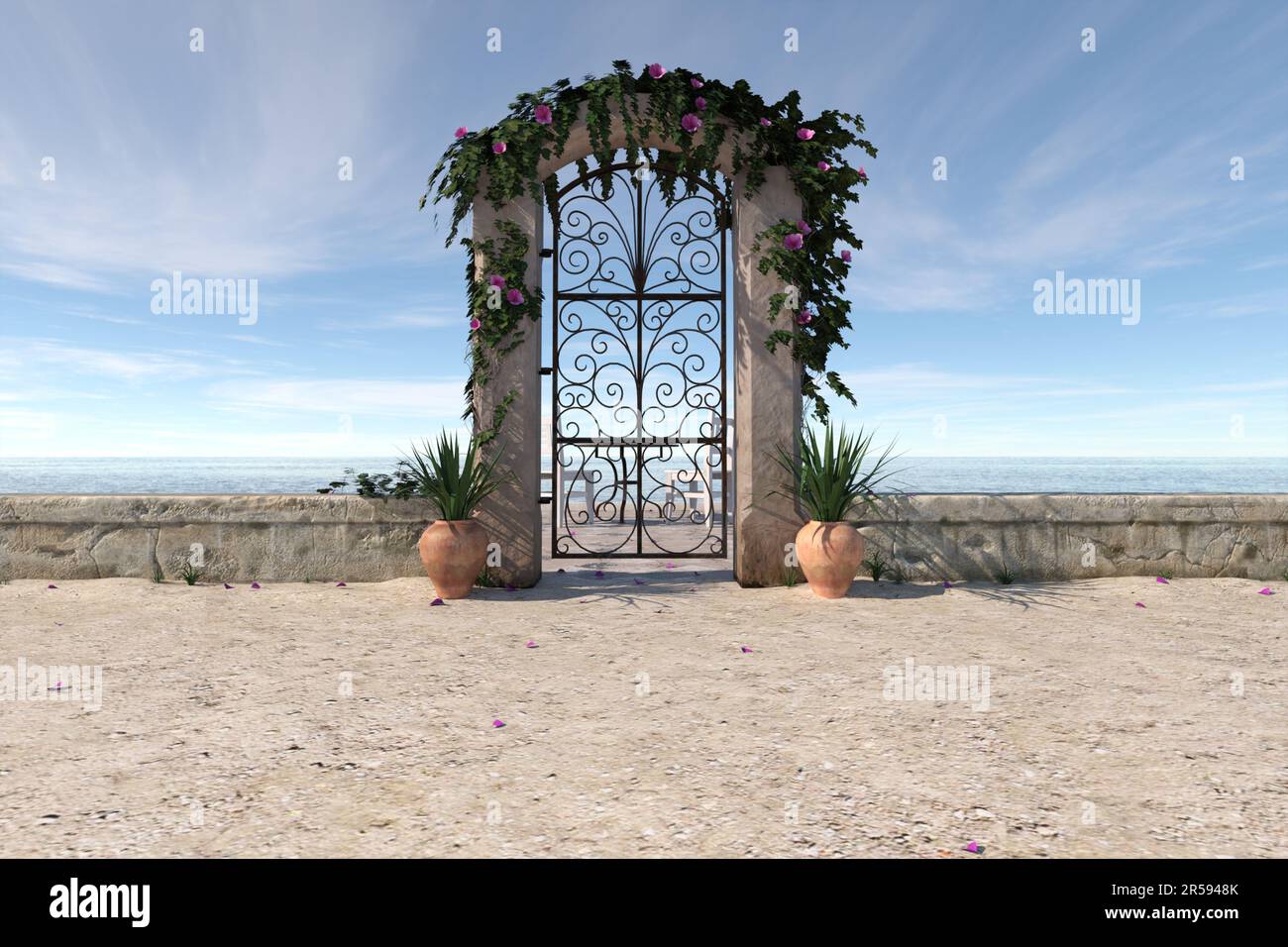 Beach Arched Gate to balcony background, 3d render Stock Photo - Alamy