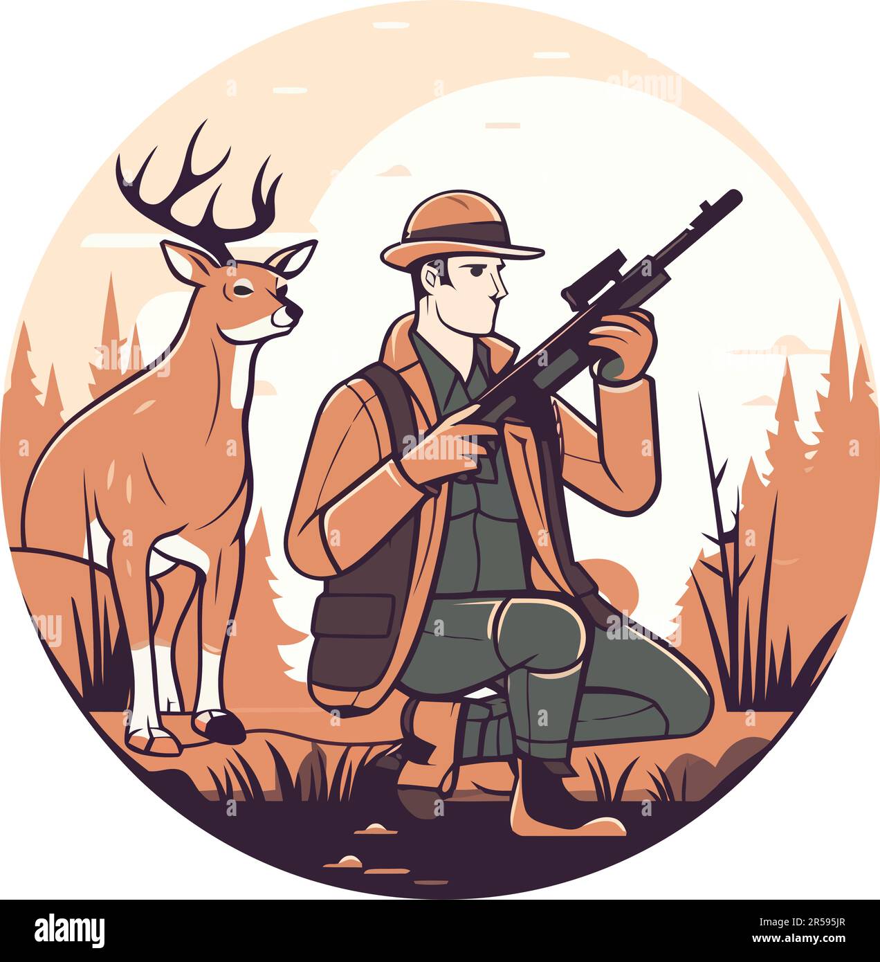 Hunter aims rifle at deer in forest isolated Stock Vector Image & Art ...