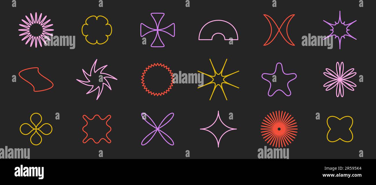Outline stars, flowers, crosses shapes set. Primitive linear geometric ...