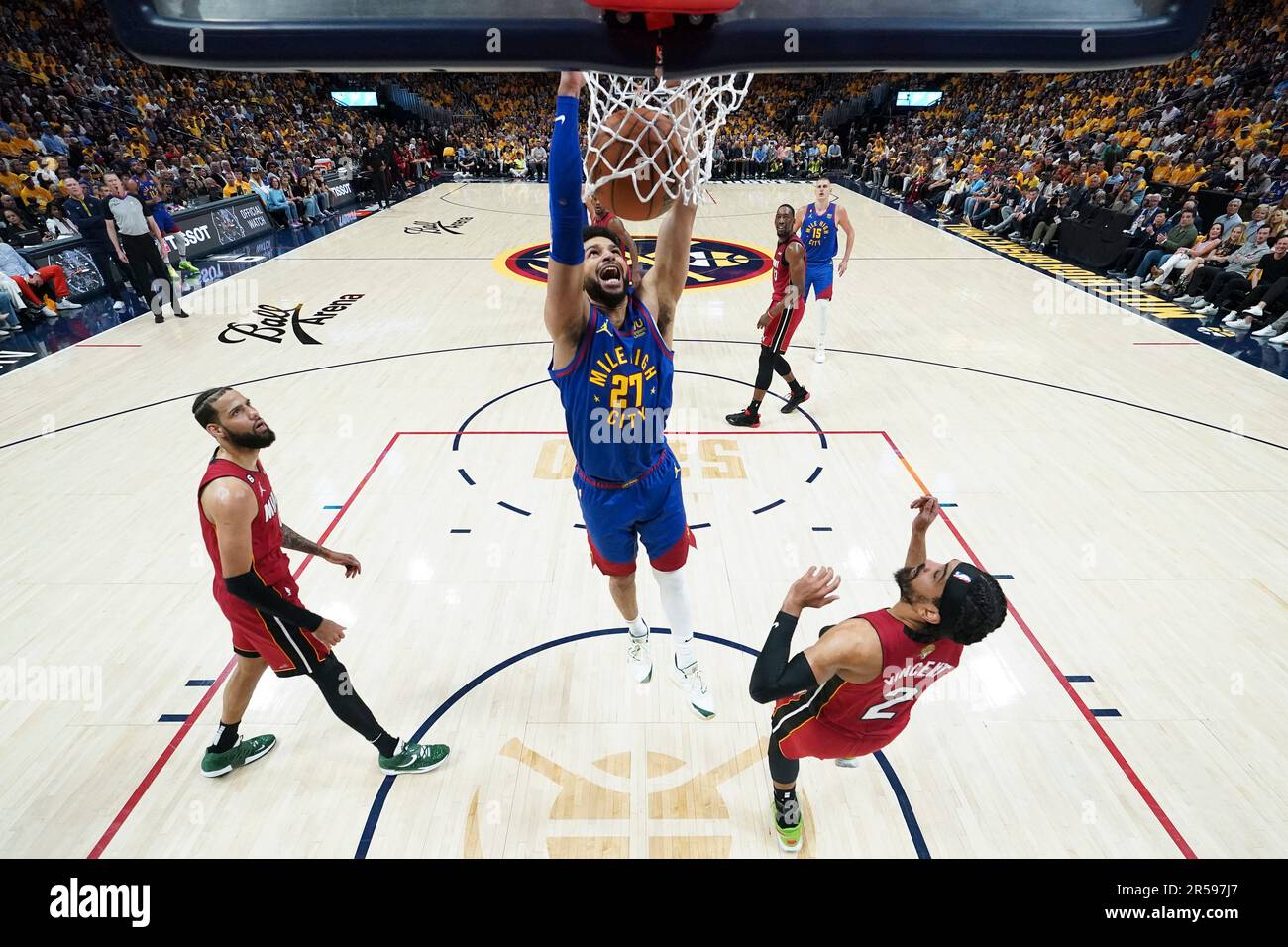 Denver Nuggets guard Jamal Murray (27) dunks against the Miami Heat ...