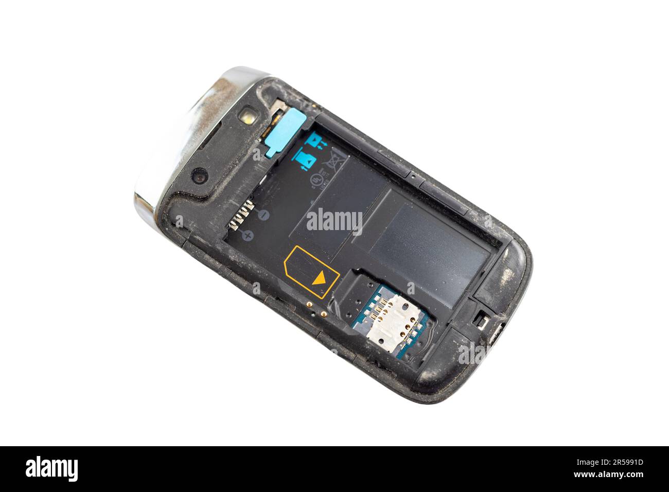The back side of a smart phone with removable battery open isolated on ...