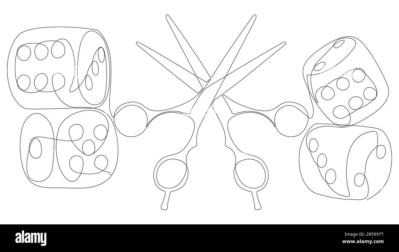 One continuous line of dice and scissor. Thin Line Illustration vector ...