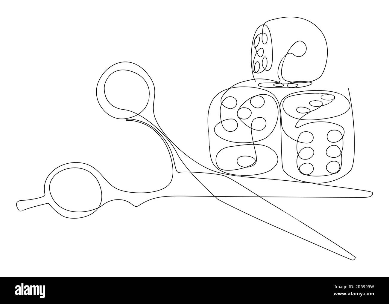 One continuous line of dice and scissor. Thin Line Illustration vector ...