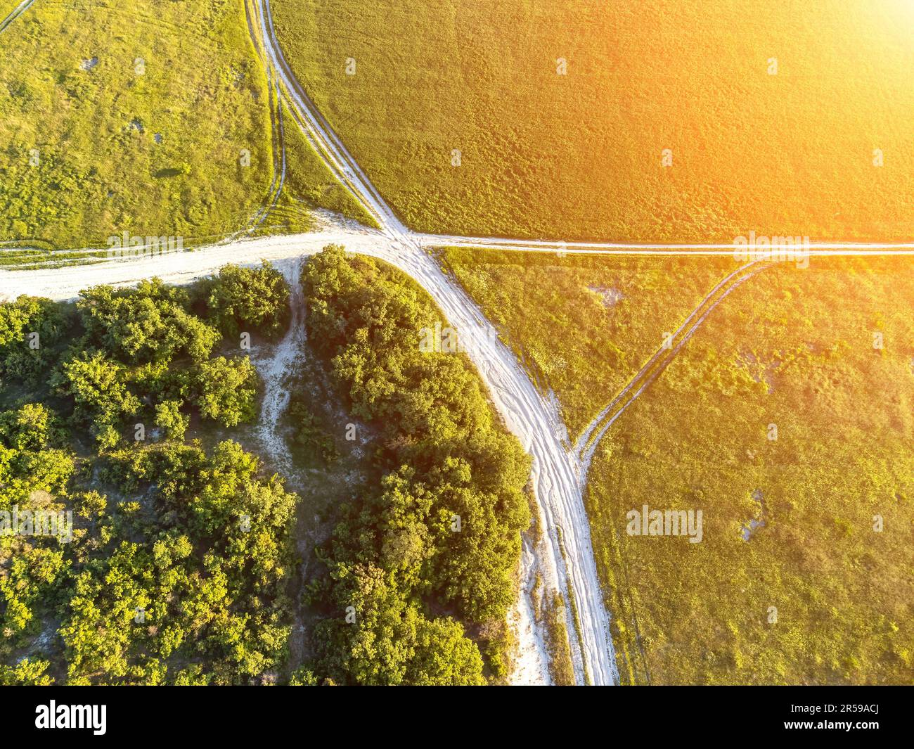Aerial view on green wheat field and road in countryside. Field of ...