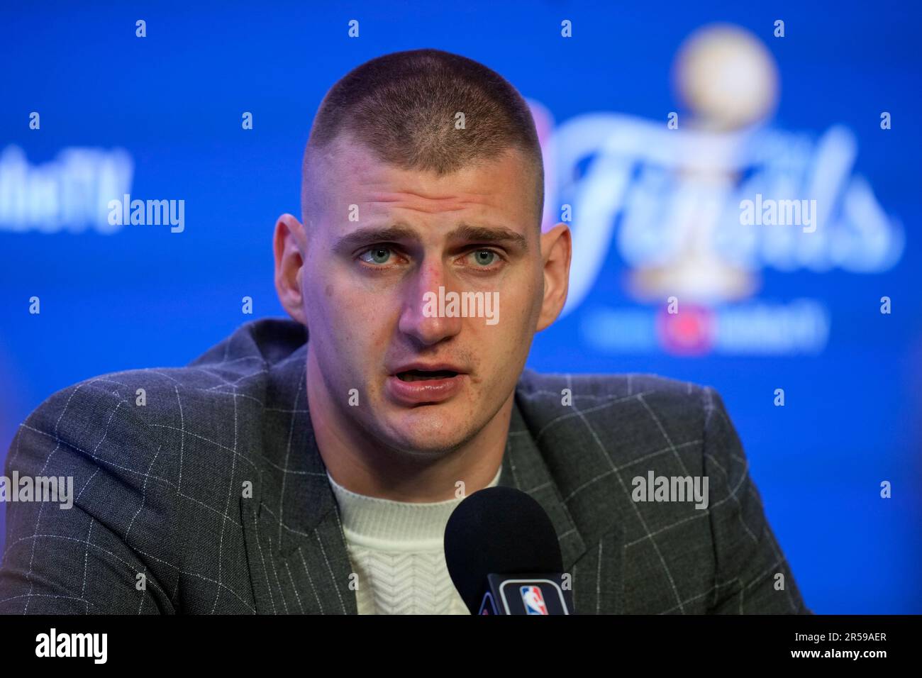 Denver Nuggets' Nikola Jokic speaks to reporters after Game 1 of the ...