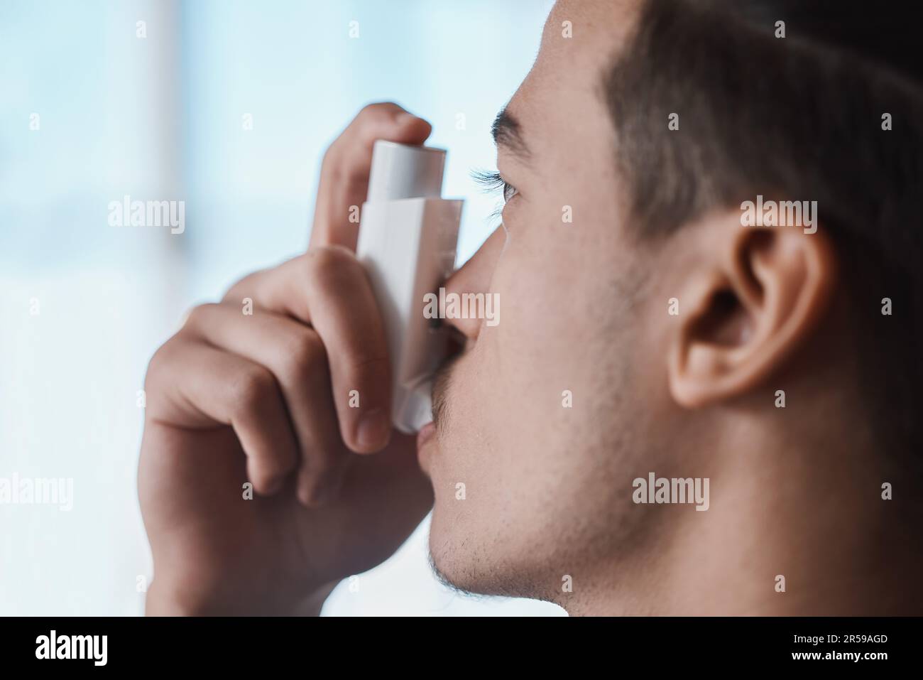 Asthma pump, breathe and man with healthcare, medicine and wellness ...