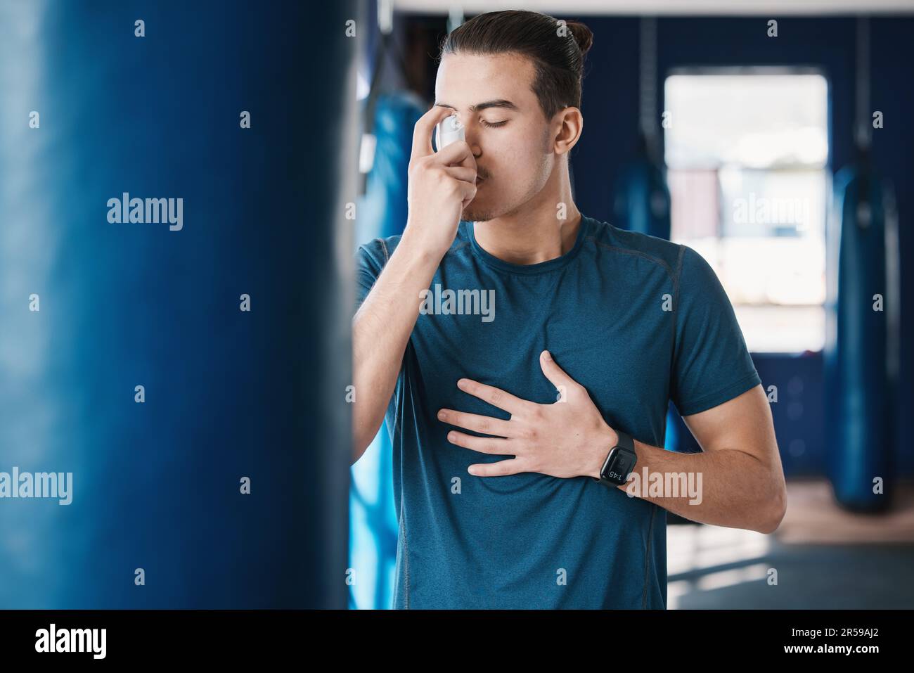 Asthma pump, breathe and man with fitness, medicine and wellness spray ...