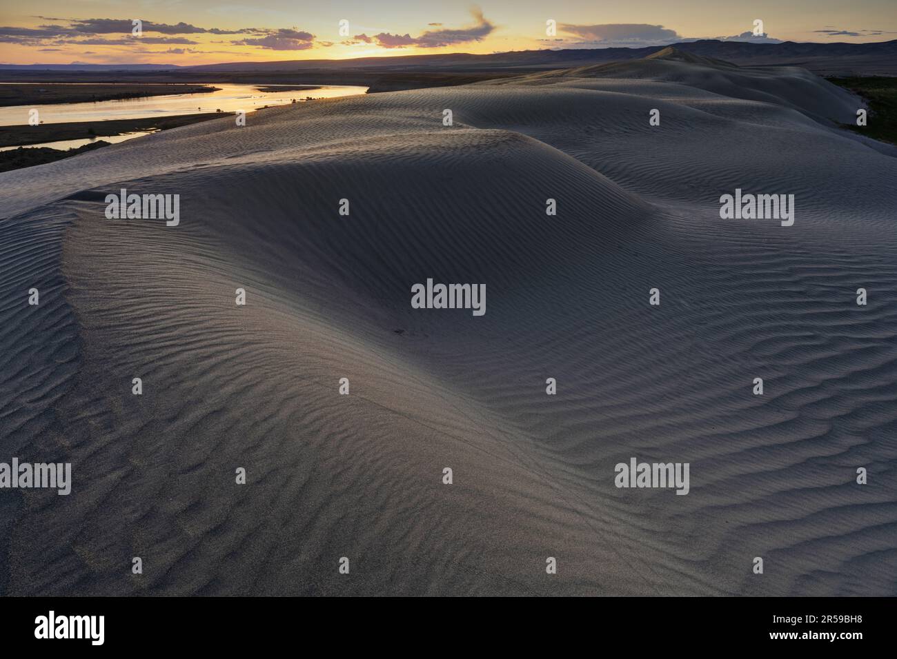 Sand dune overlooking Columbia River at sunset, Hanford Reach National ...