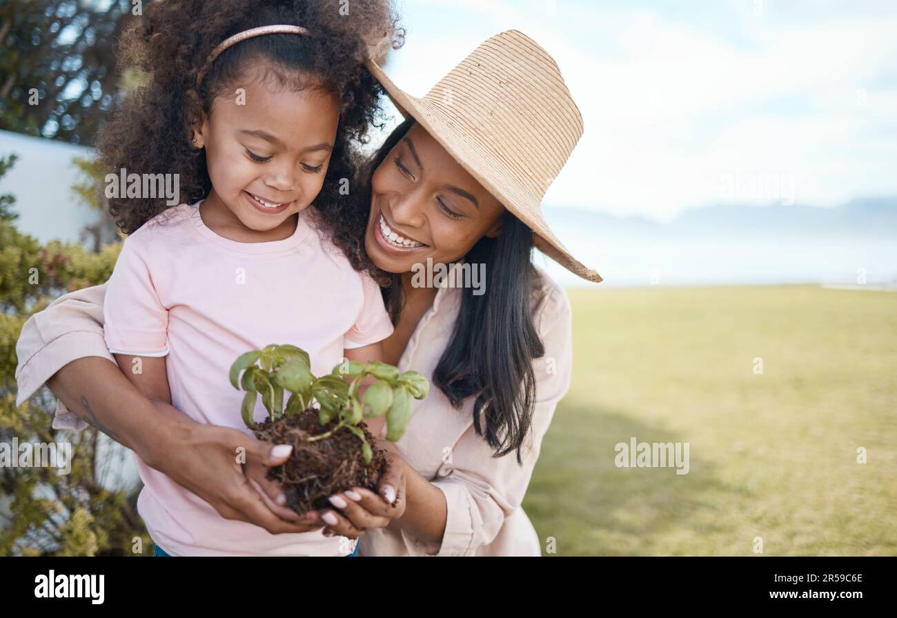 Gardening, mother and child with plant in hands learning environmental ...
