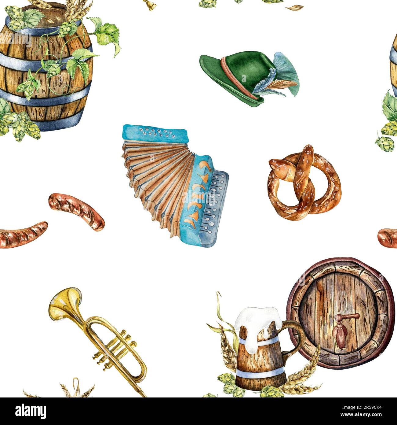 Wooden barrel, pint of beer, german hat, accordion, hop vine watercolor ...