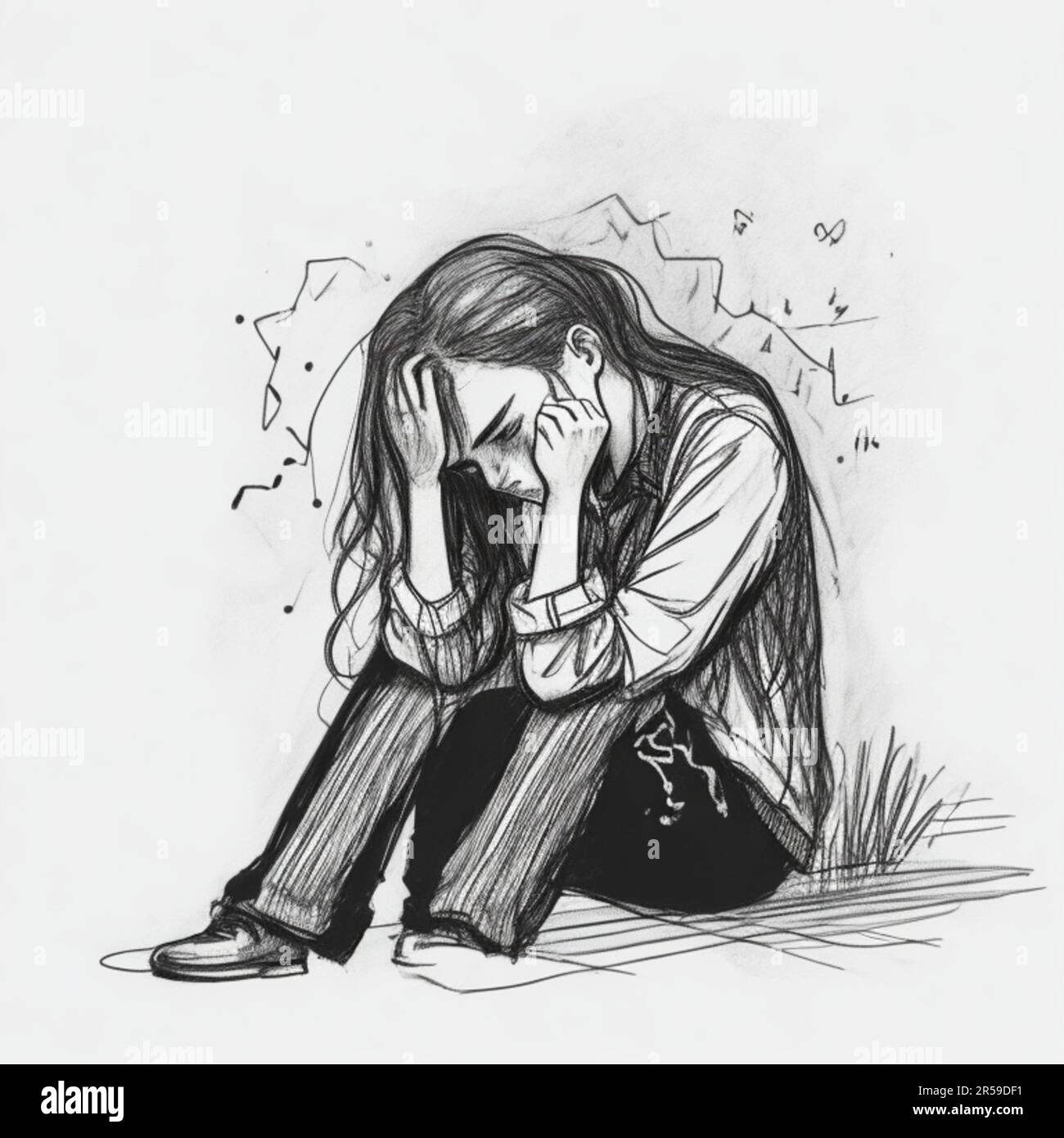 Cartoon draw with line art of young woman alone has a problem with ...