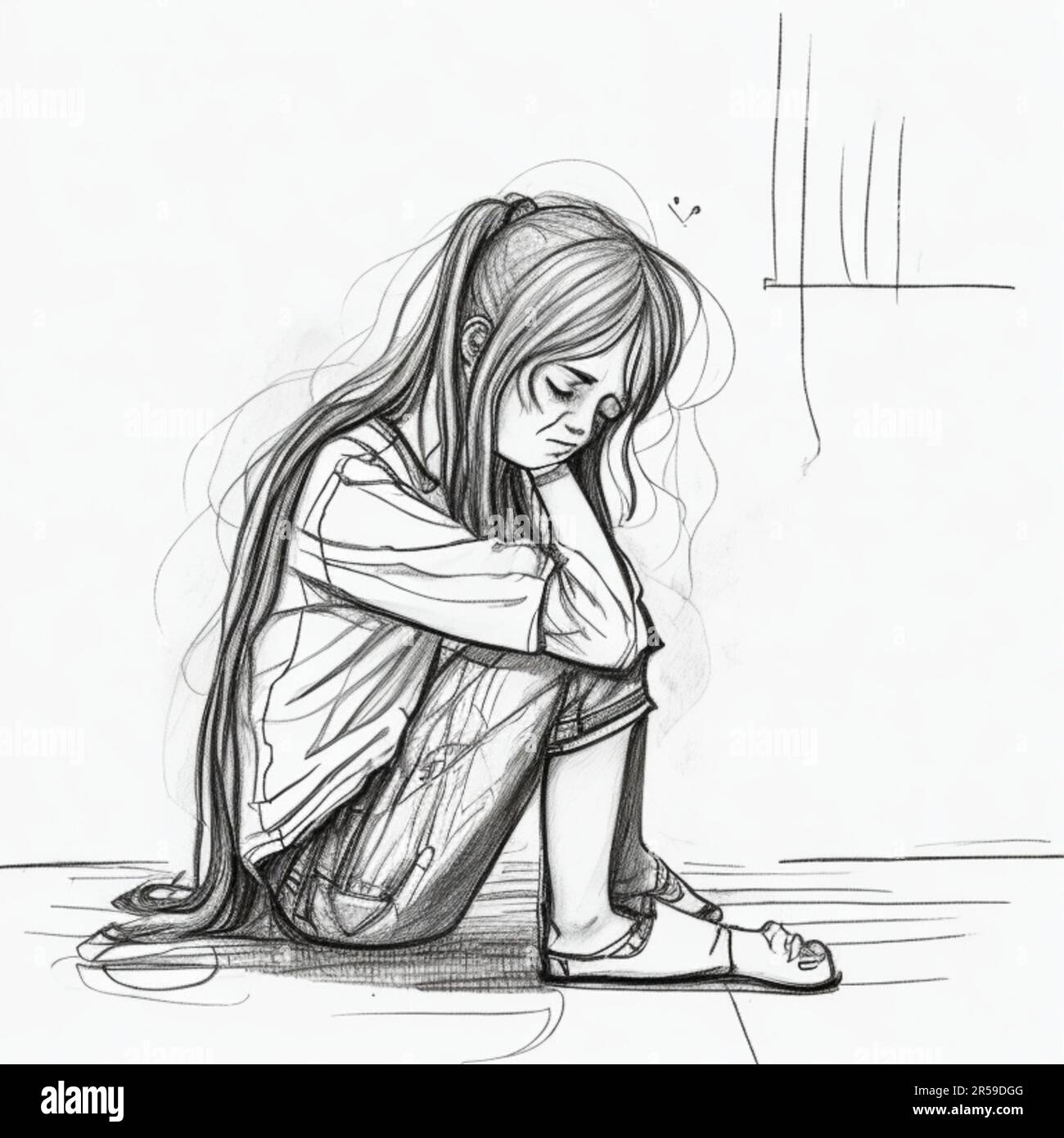 Sad Girl Crying Alone Drawing