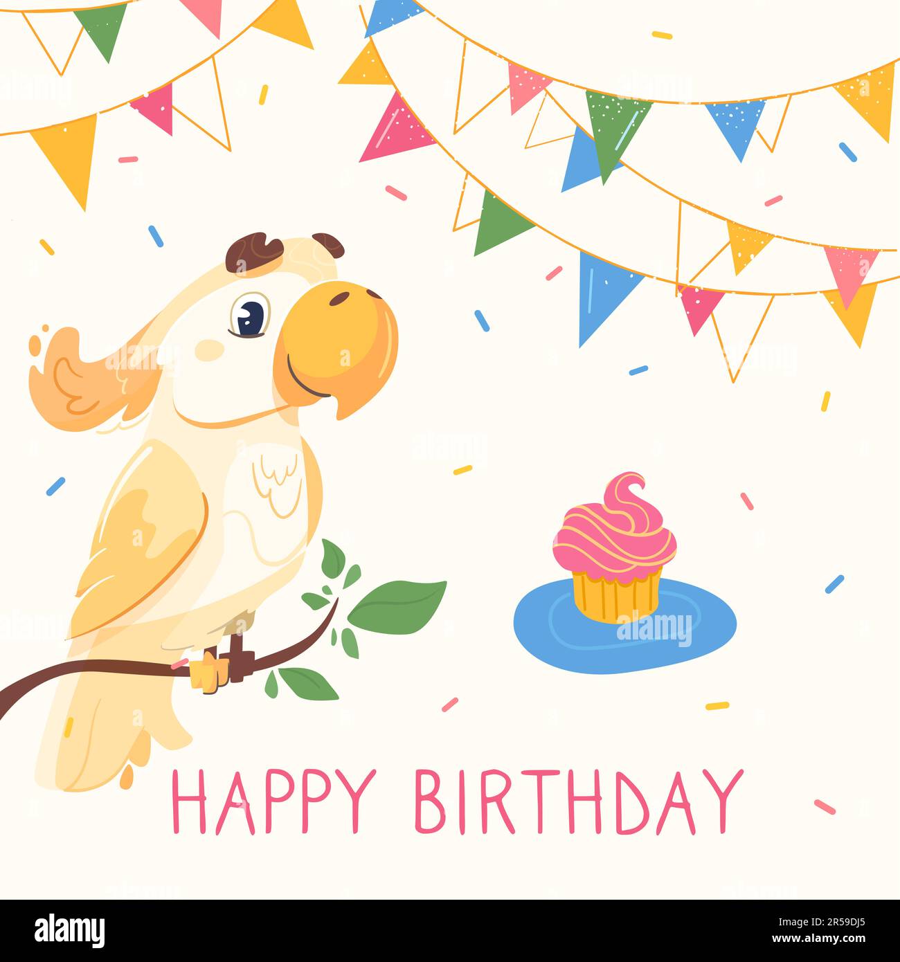 Vector postcard in cartoon style with a cute parrot and a festive ...