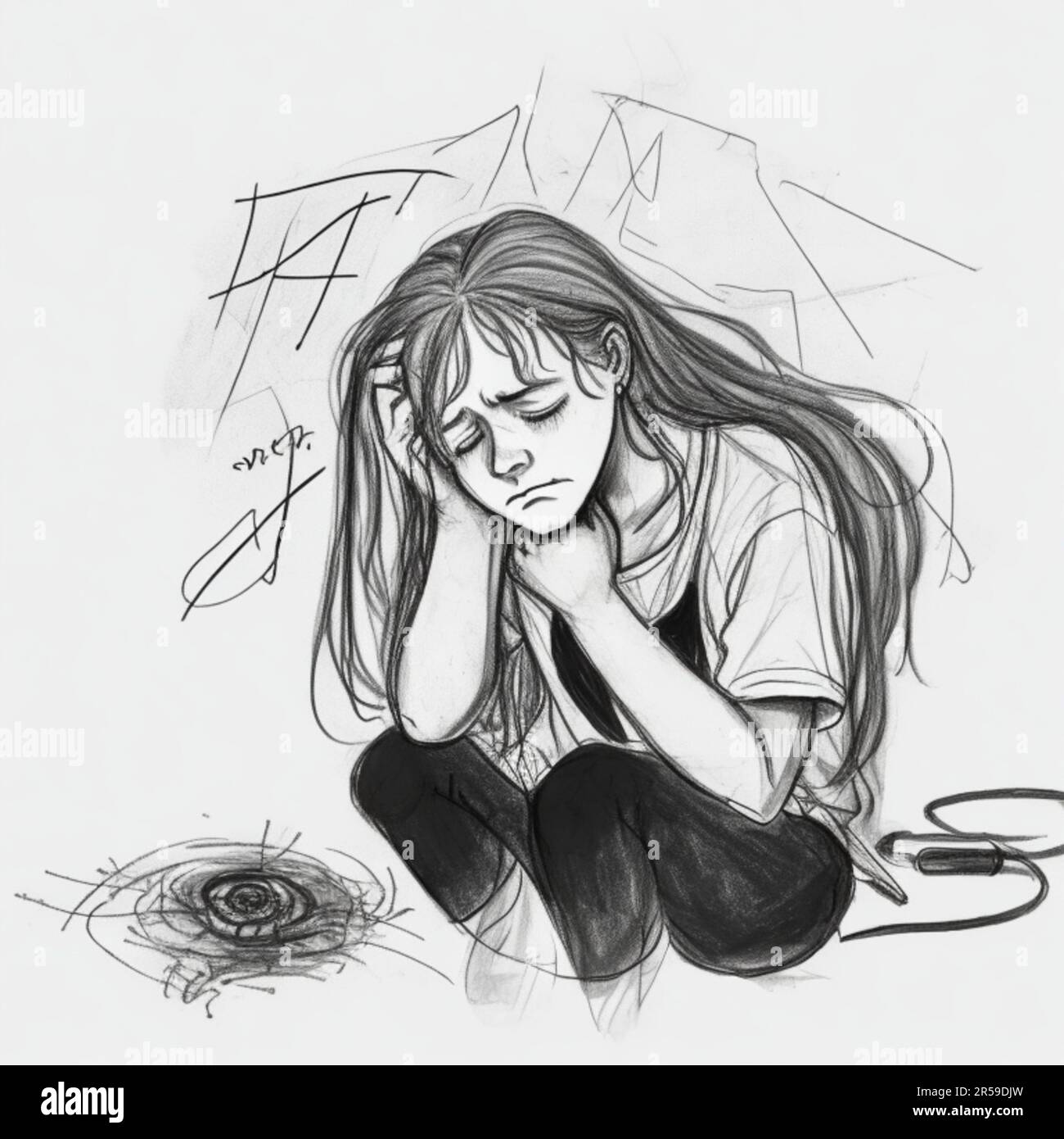 Girl Crying Alone Drawing