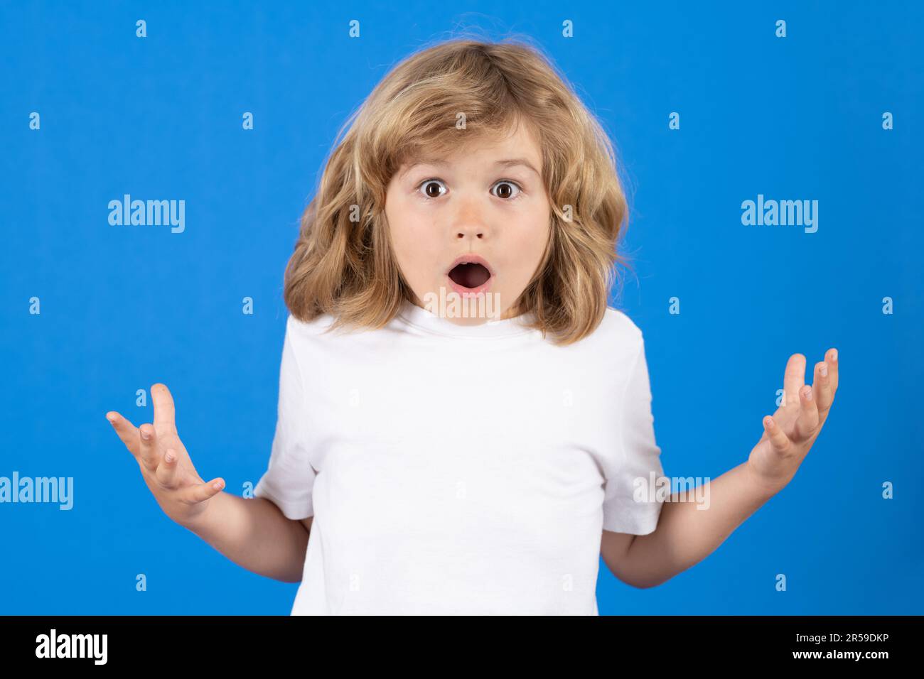 Shocked funny kid boy on studio isolated background. Surprised face ...