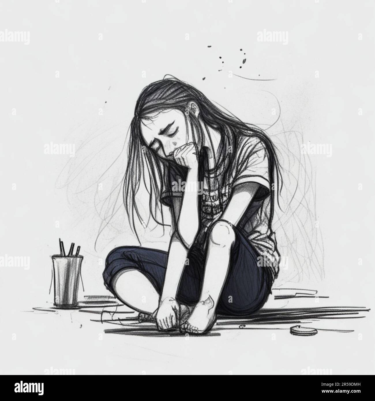 Cartoon draw with line art of young woman alone has a problem with ...