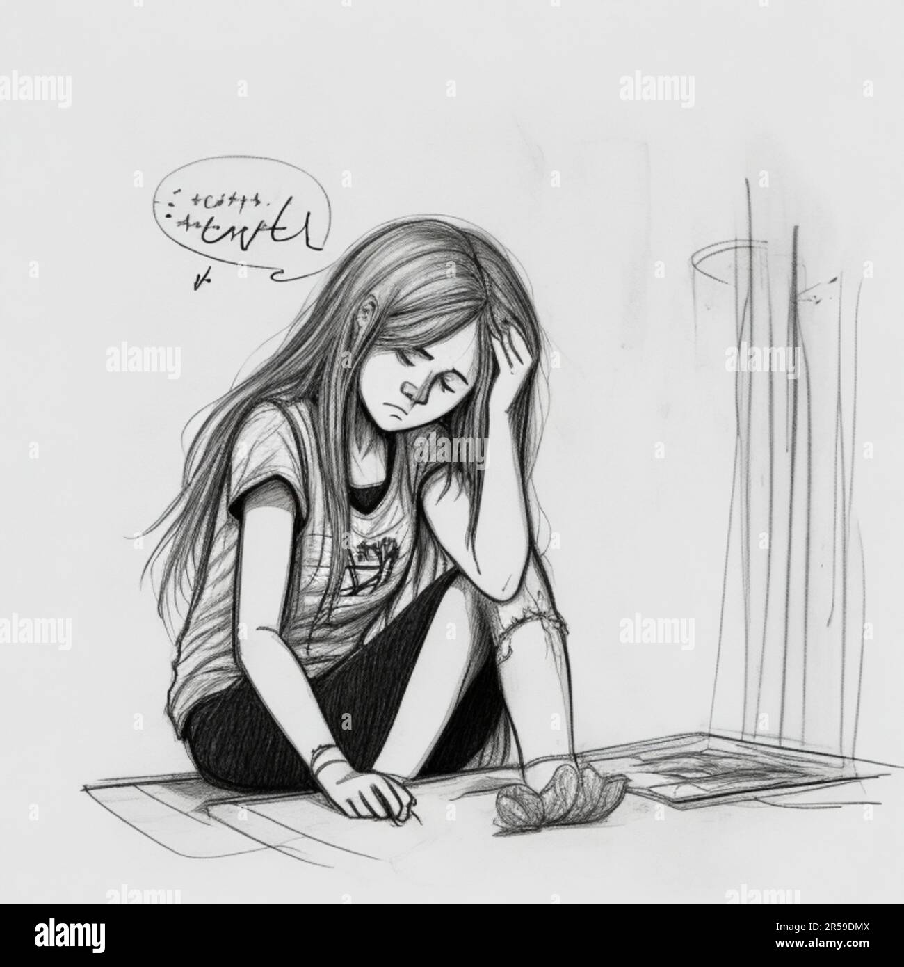 Cartoon draw with line art of young woman alone has a problem with ...