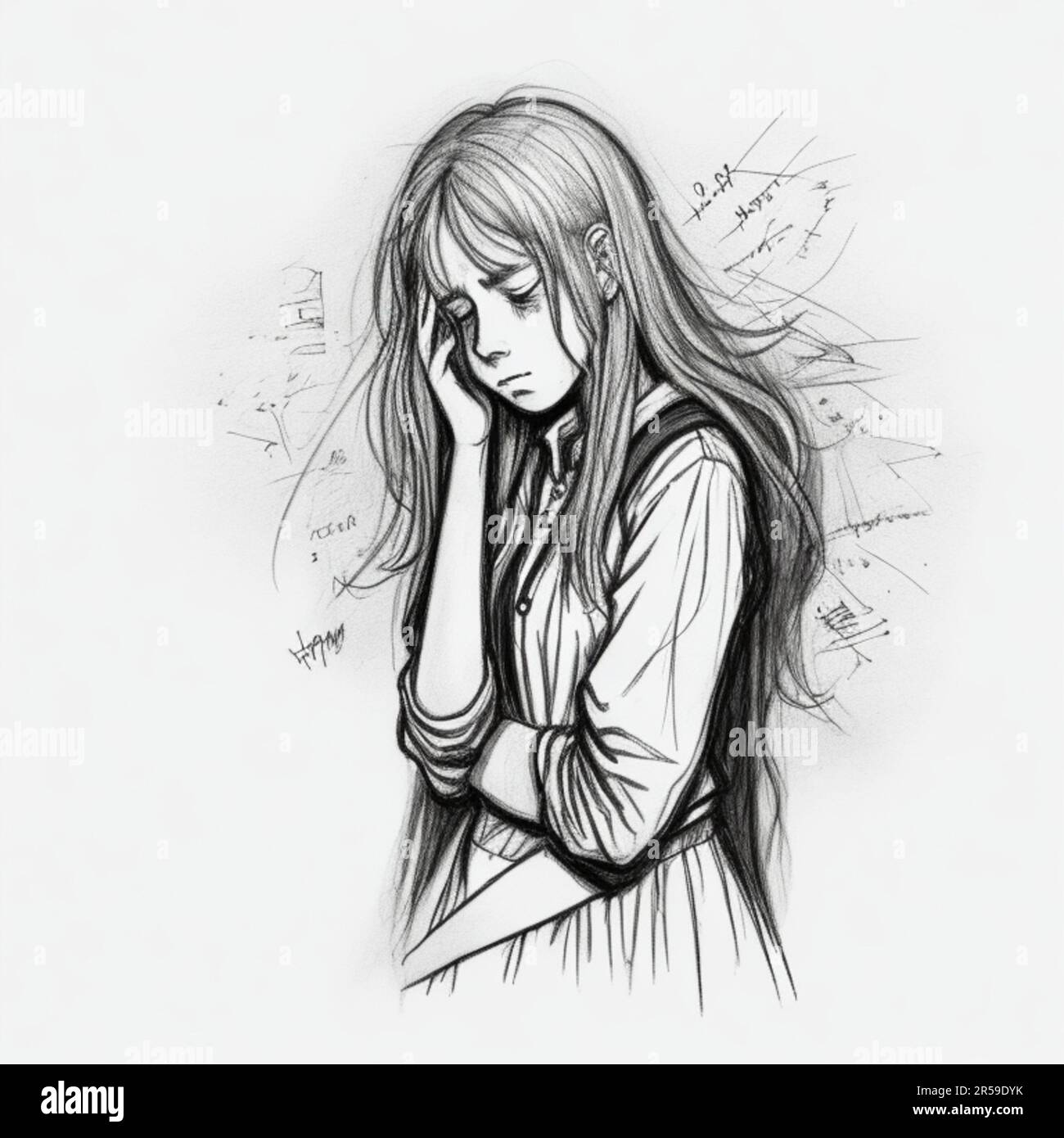 Cartoon draw with line art of young woman alone has a problem with ...