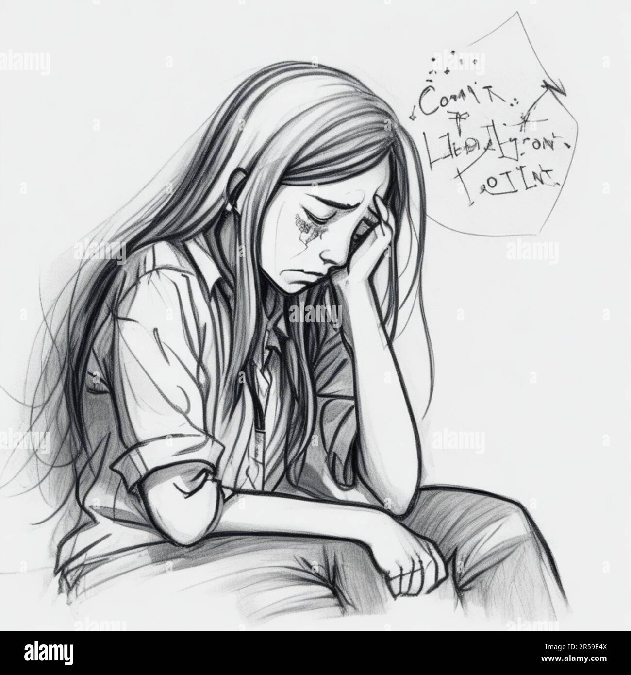 Cartoon draw with line art of young woman alone has a problem with ...