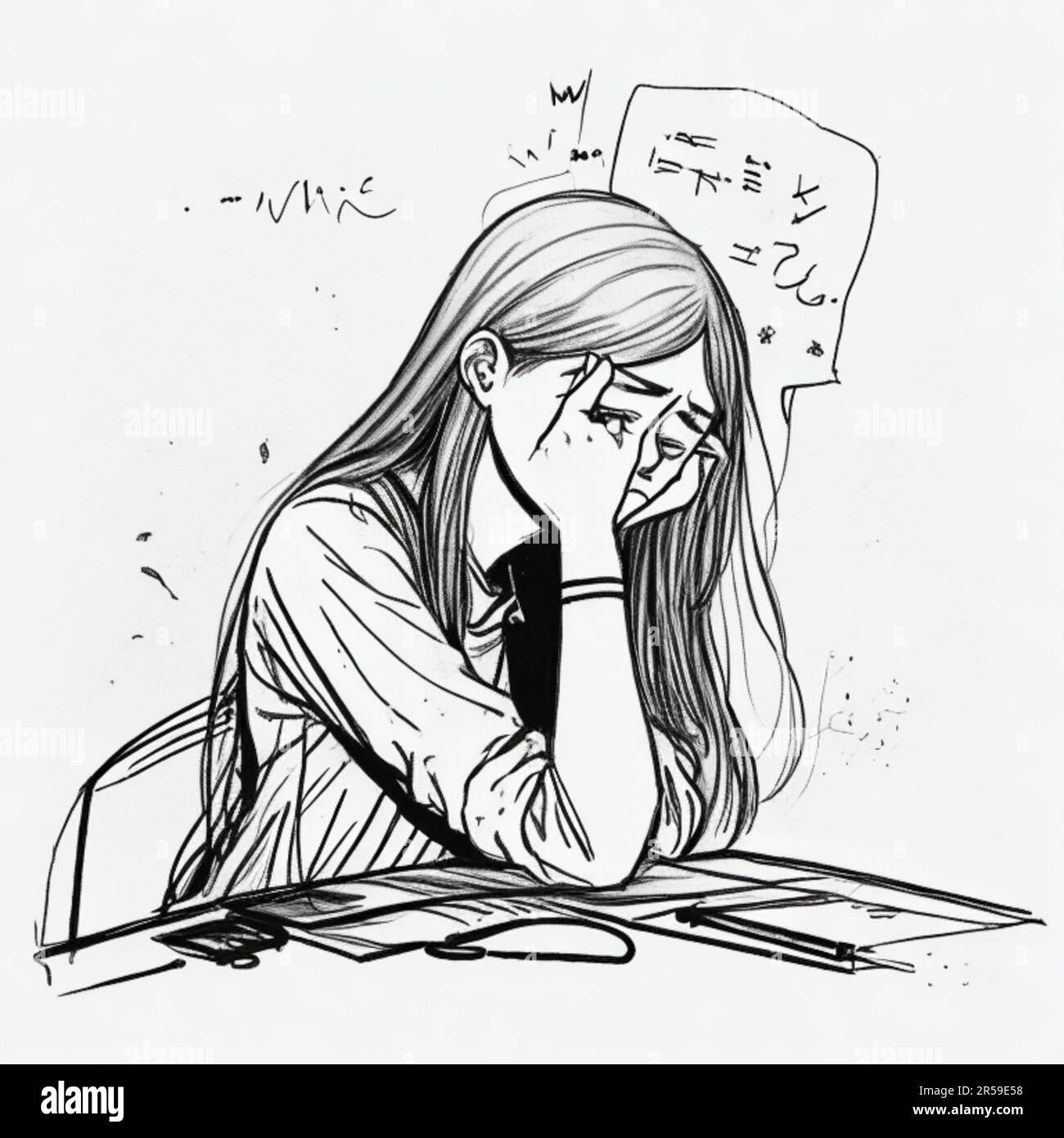 Cartoon draw with line art of young woman alone has a problem with ...