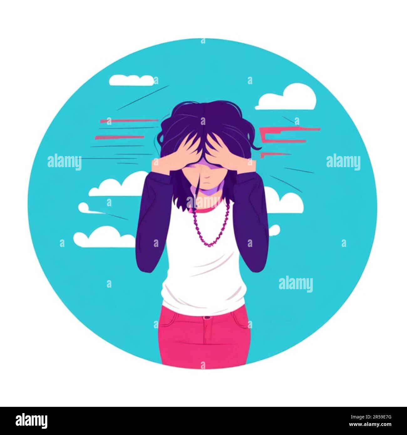 Cartoon draw with line art of young woman alone has a problem with ...