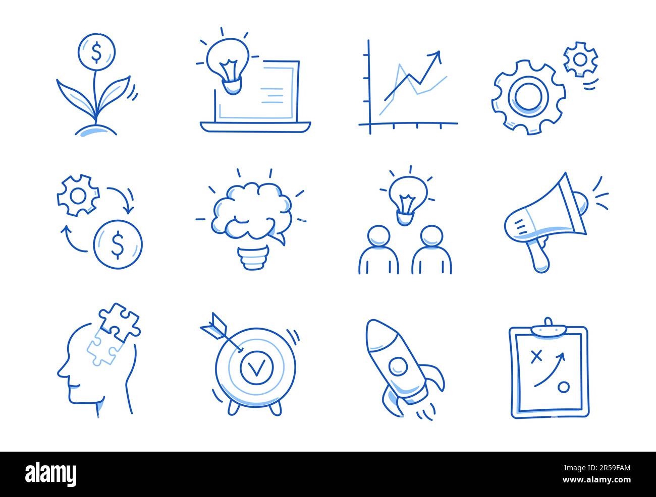 Business idea, startup doodle line icon set. Hand drawn doodle sketch line style business ...