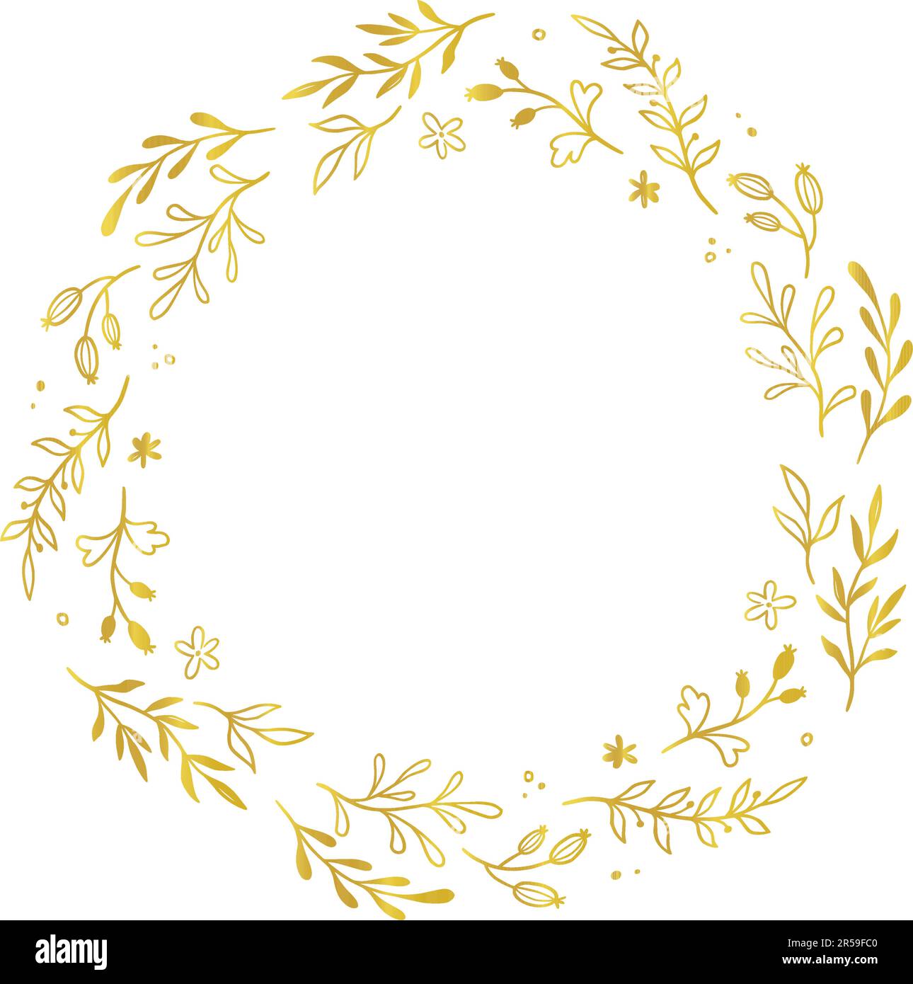 Gold floral circle frame. Vector golden floral leaf wreath border ...