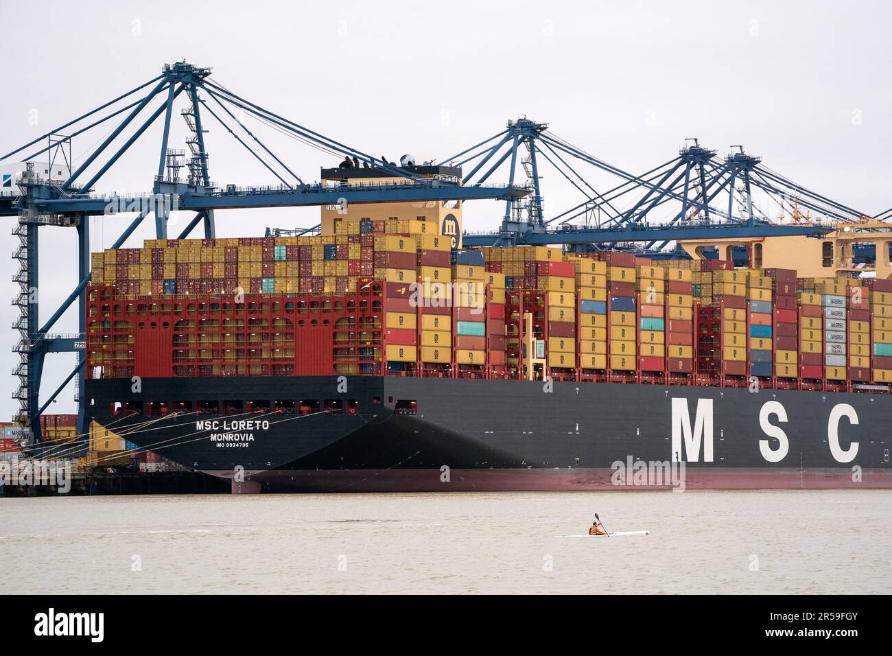 A man in a kayak is dwarfed by the world???s largest cargo ship, MSC ...