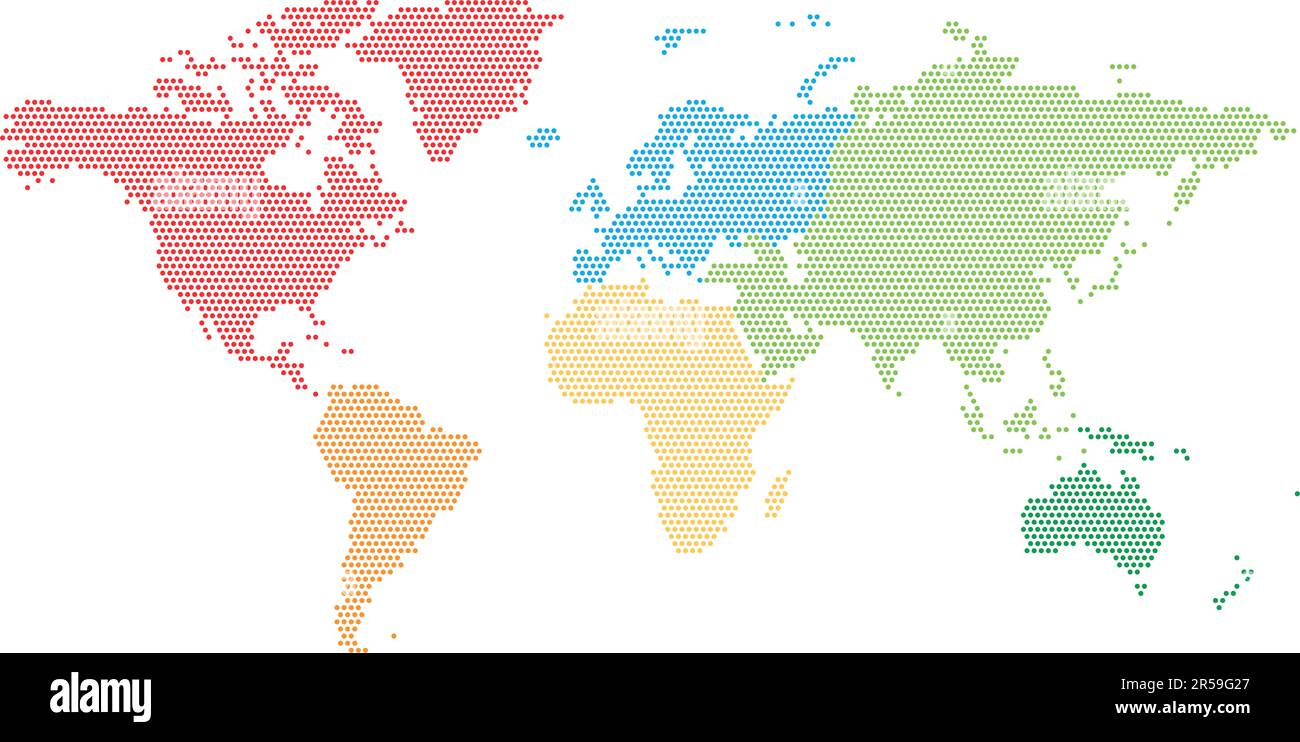 Dotted map of World with different color of each continent. Halftone ...