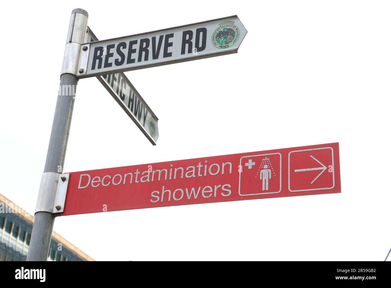 Sign at the end of Reserve Road pointing to decontamination showers at ...