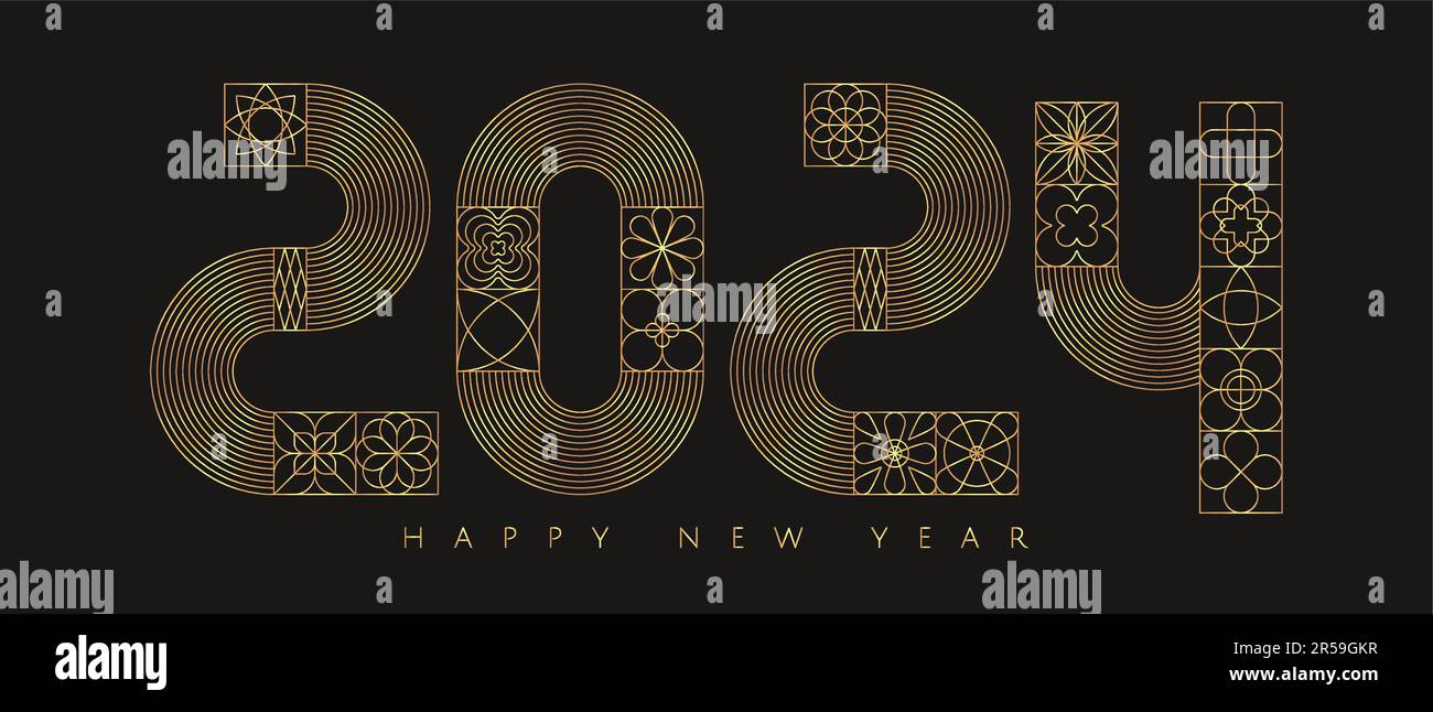 Gold 2024. Gold black luxury abstract geometry new year card Stock ...