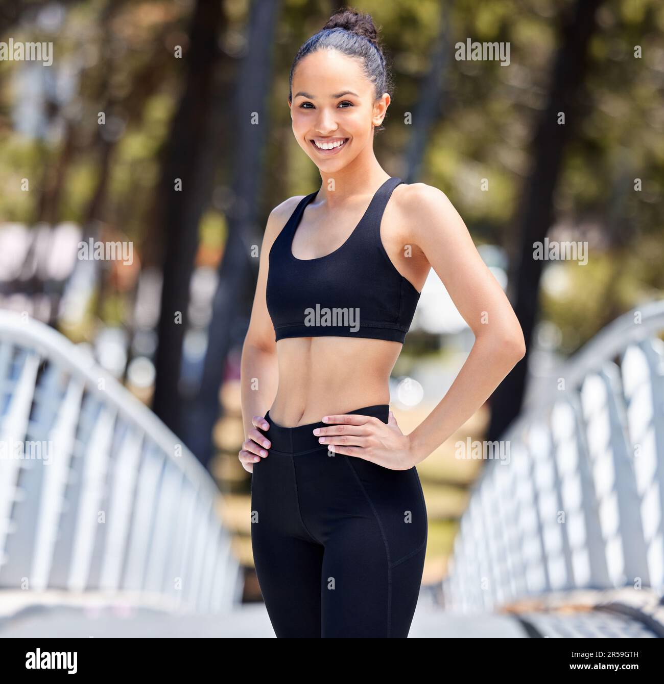 Portrait, fitness and happy woman outdoor for workout, training and ...