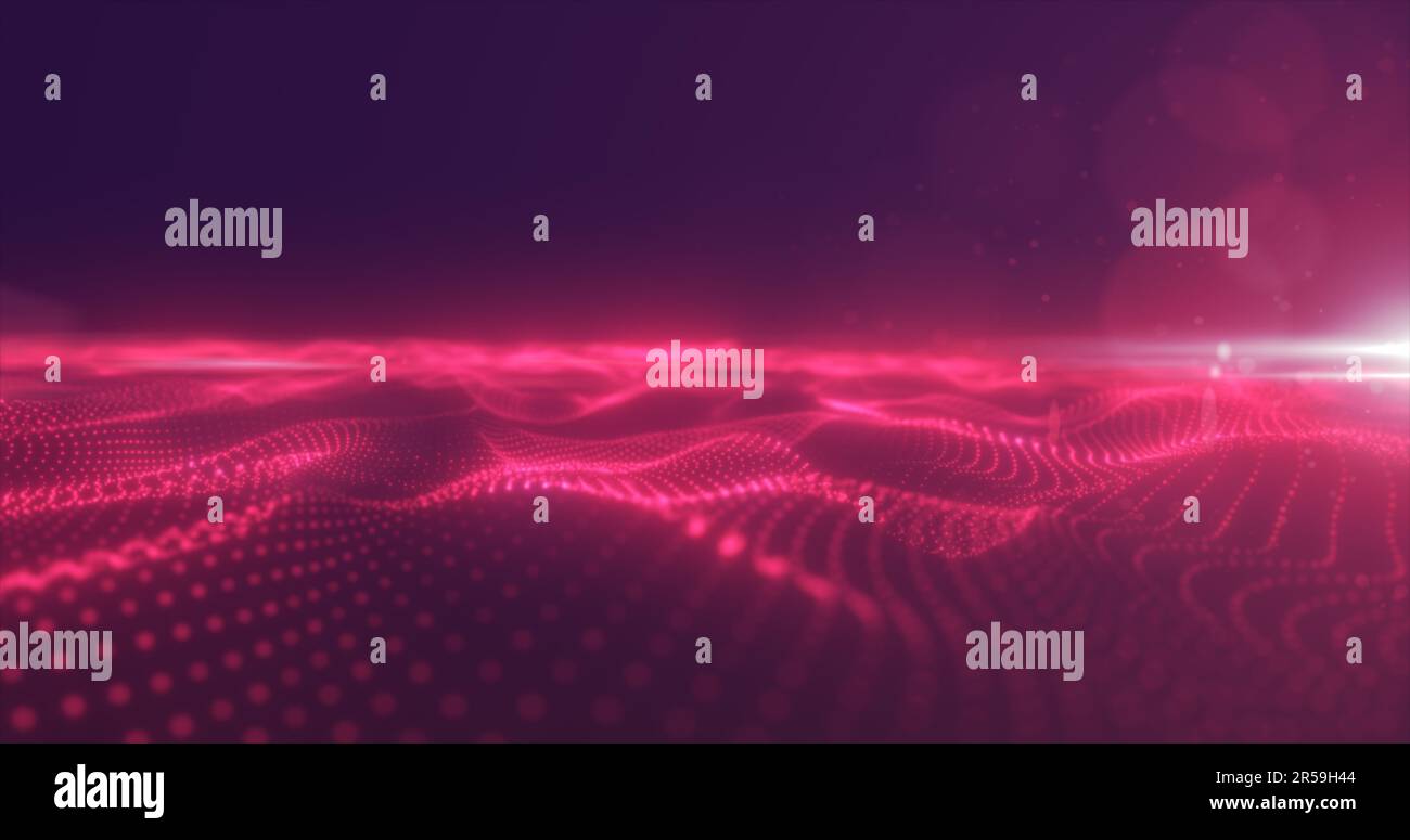 Abstract red energy surface with magic waves of particles and points ...