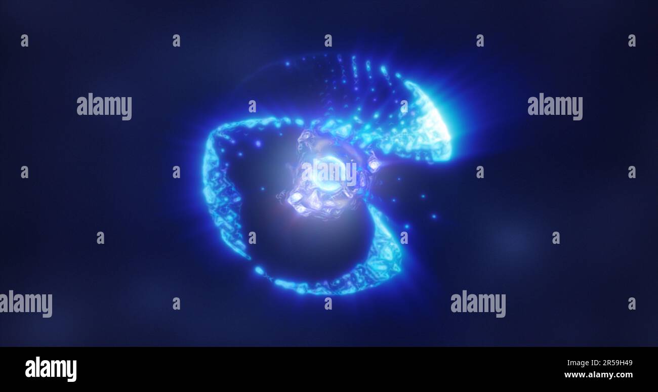 Abstract blue energy sphere with flying glowing bright particles ...