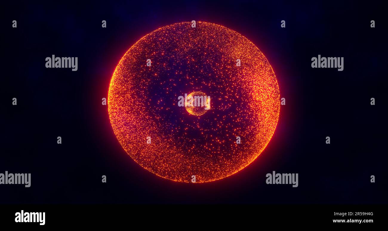 Orange energy sphere with glowing bright particles, atom with electrons ...