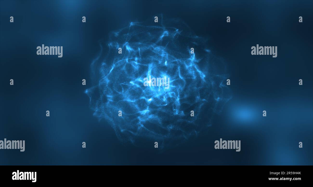 Abstract blue energy round sphere glowing with particle waves hi-tech digital magic abstract ...
