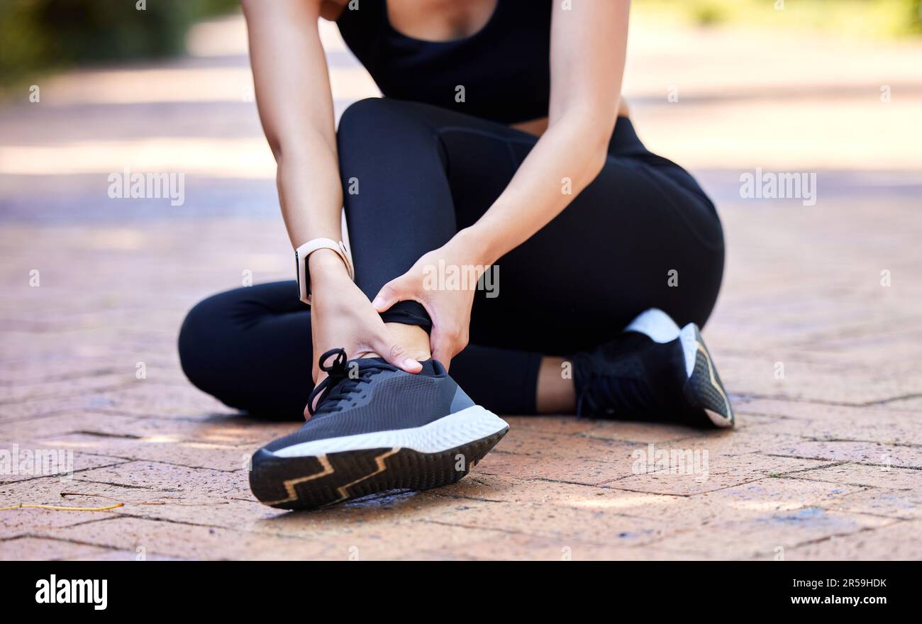 Woman with ankle pain, running injury and fitness with joint fracture ...