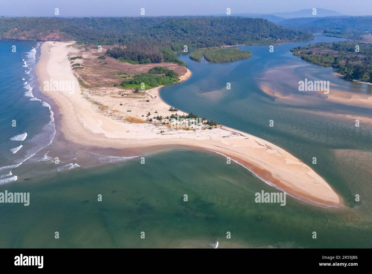 Aerial top view on tropical beach with green palm trees under sunlight ...