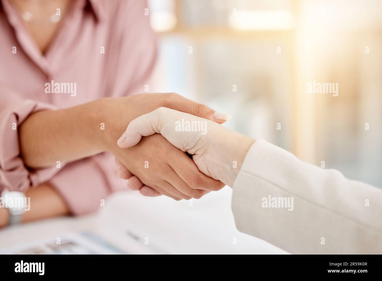 Closeup, business and women with handshake, cooperation and ...
