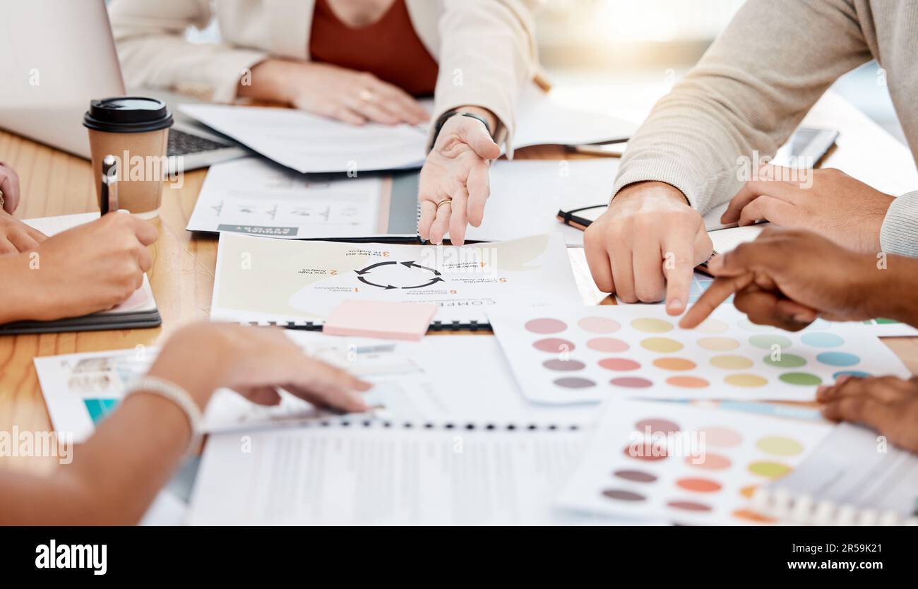 Meeting, color palette and people hands in creative project, brand ...