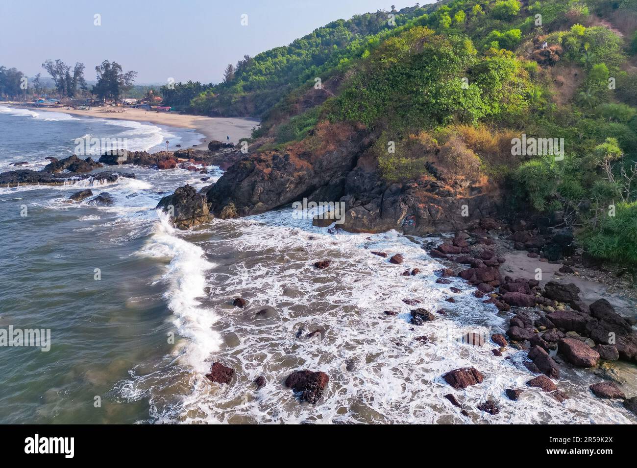 Aerial top view on tropical beach with green palm trees under sunlight ...