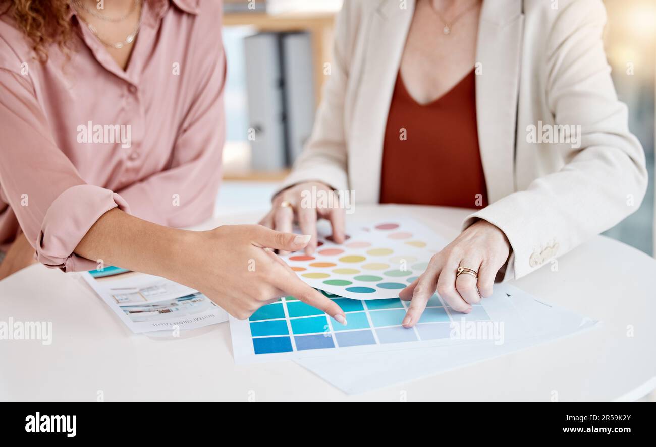 Hands, color pallet and business women in a meeting for design ...