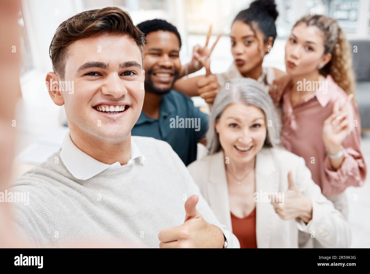 Diversity, group and happy selfie of business team or creative company ...