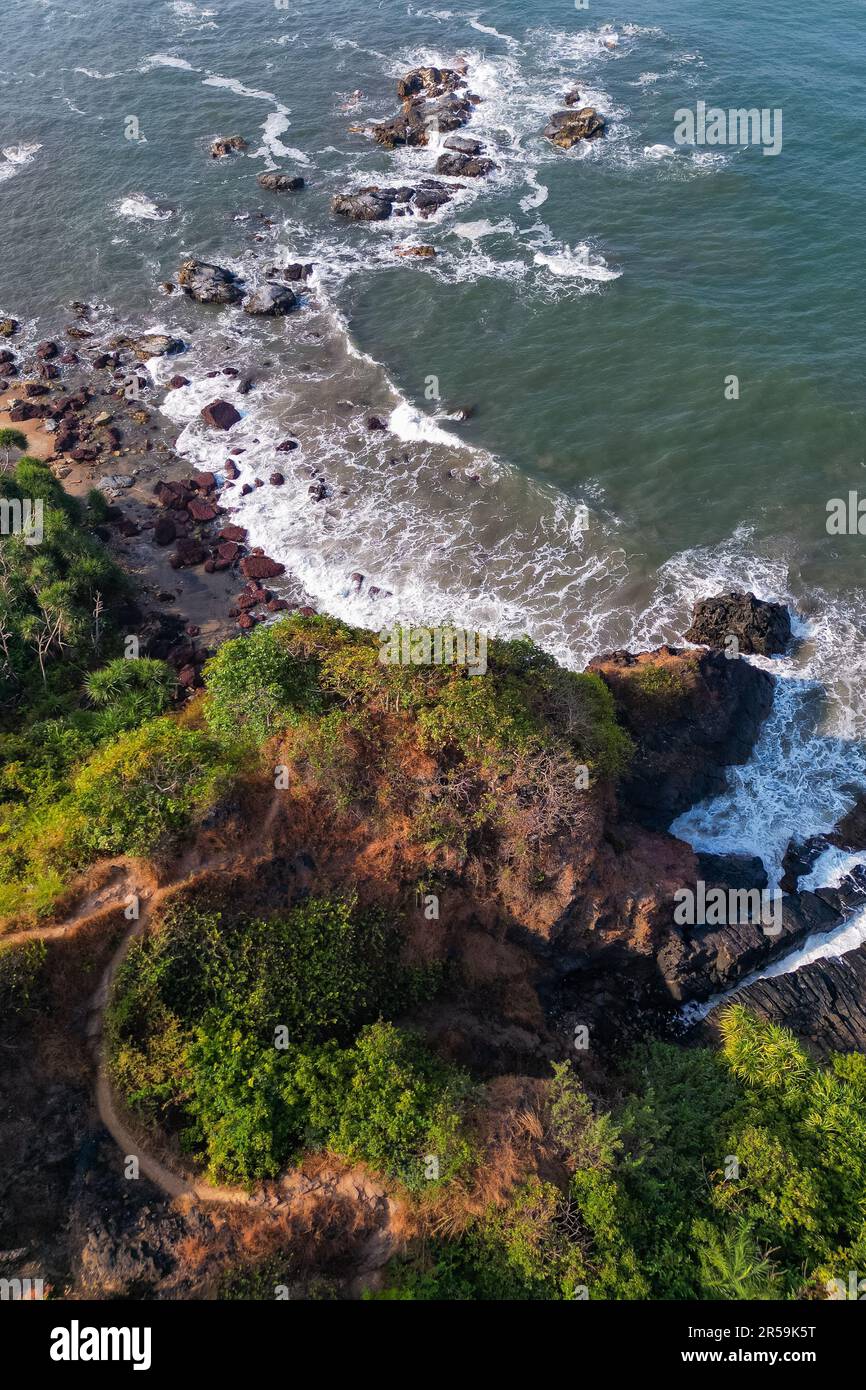 Aerial top view on tropical beach with green palm trees under sunlight ...