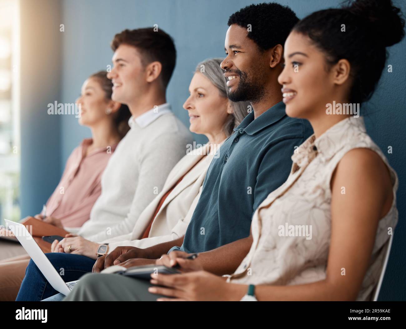 Recruitment, row and business people waiting for job interview, vacancy ...