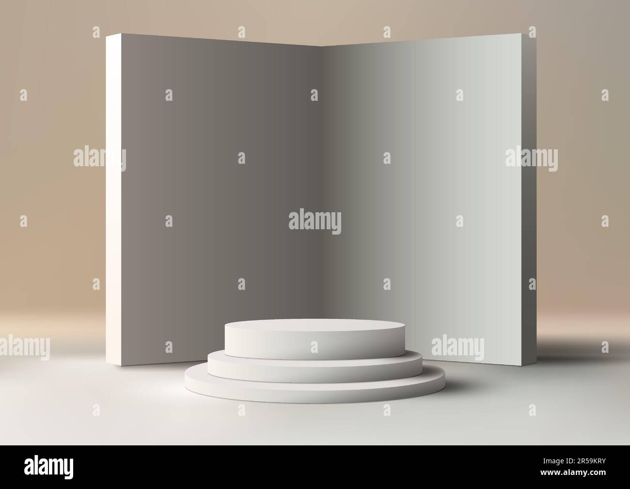 3D realistic empty group of white podium platform steps layer with ...