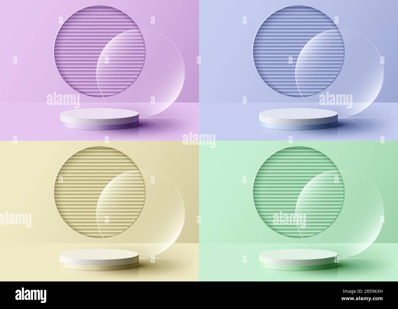 Set of 3D realistic empty white podium stand decoration with circle ...