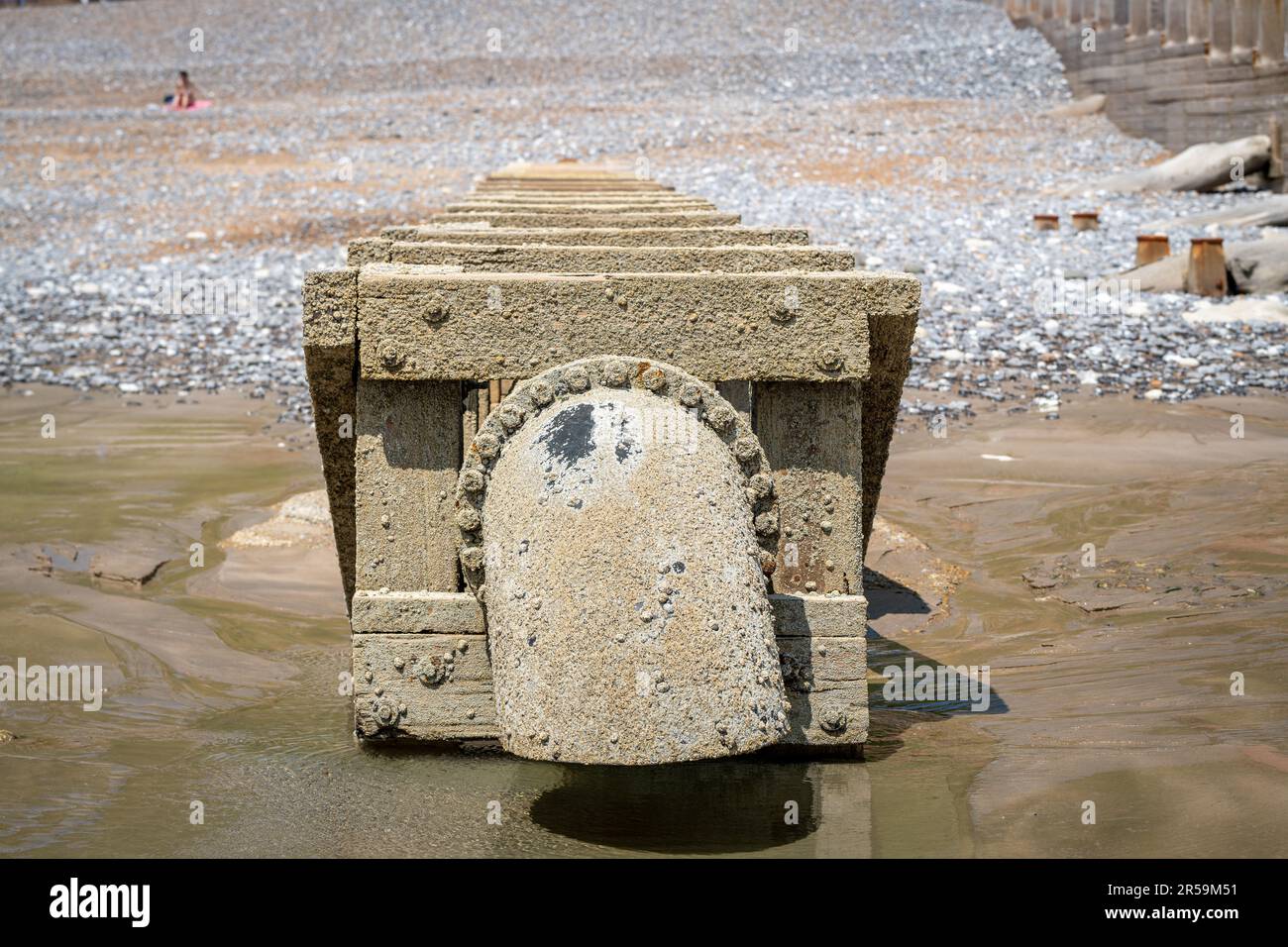 Sewage overflow drain outlet on the beach at Eastbourne, East Sussex ...