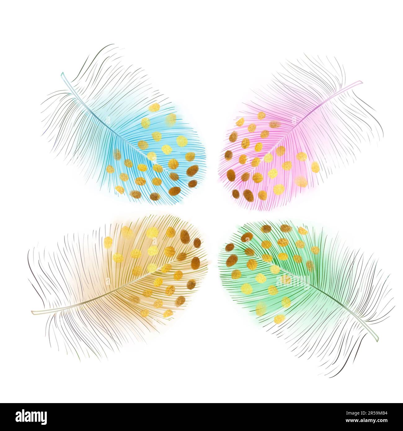 Blue, pink, green, gold feathers set. Soft and downy feather of bird ...