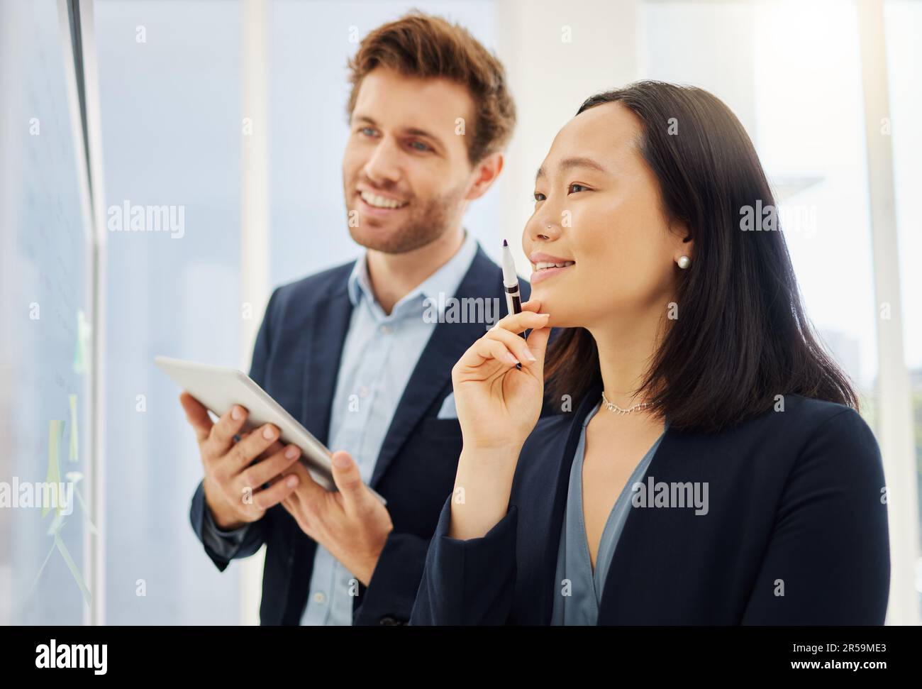 Thinking, board and happy business people teamwork on research project ...